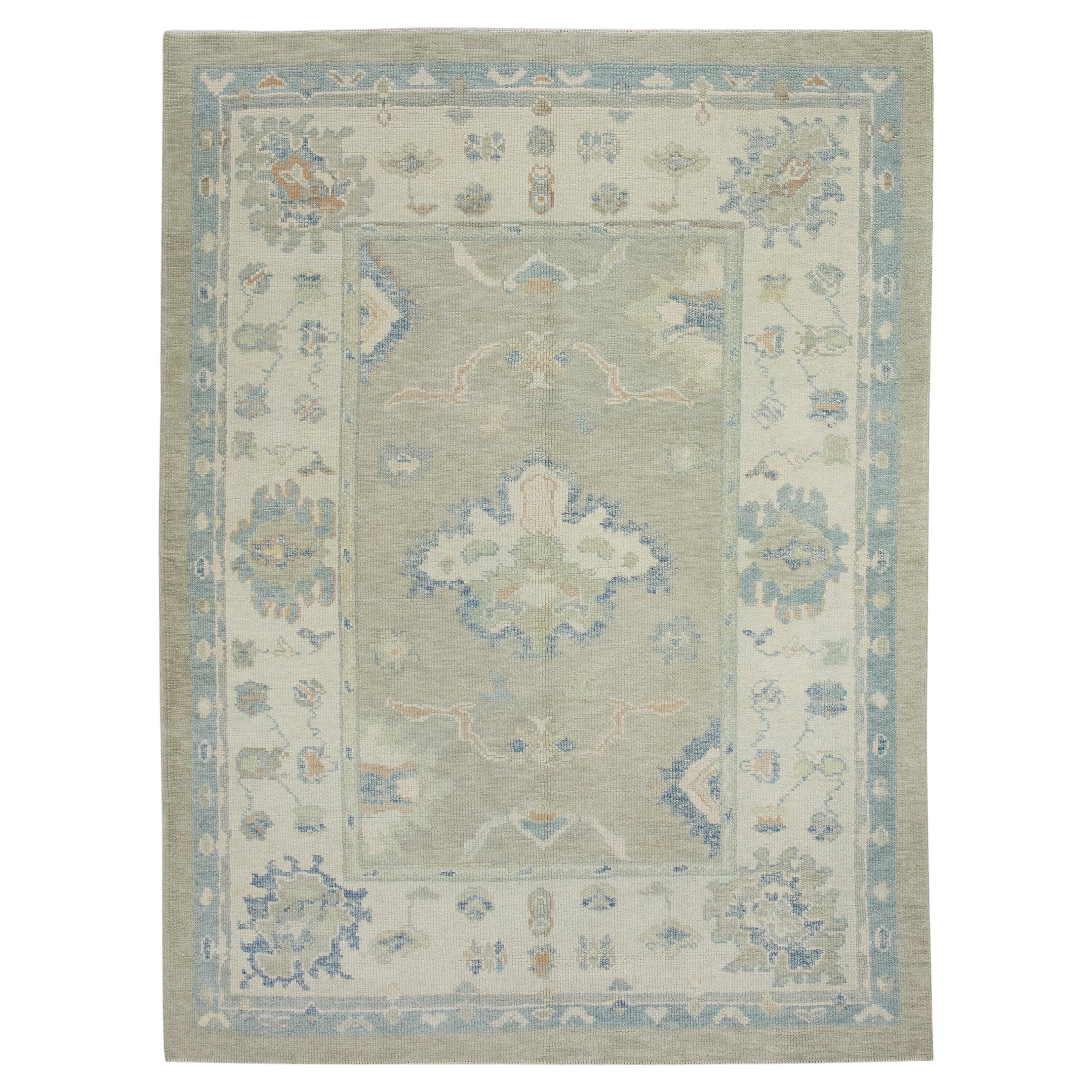 Blue and Green Floral Design Handwoven Wool Turkish Oushak Rug 4'11" x ...
