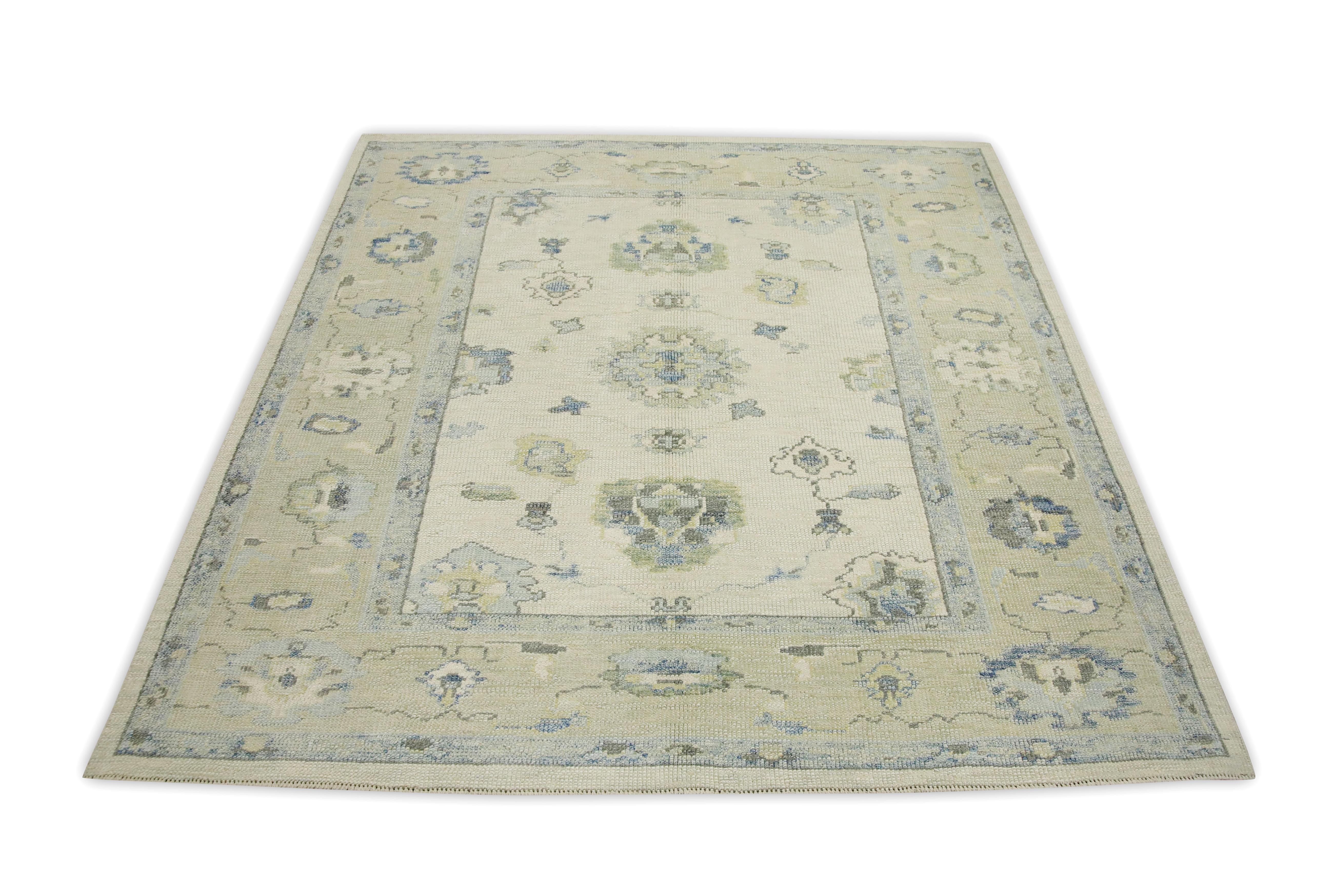 Blue and Green Floral Design Handwoven Wool Turkish Oushak Rug 5'7" x 5 ...