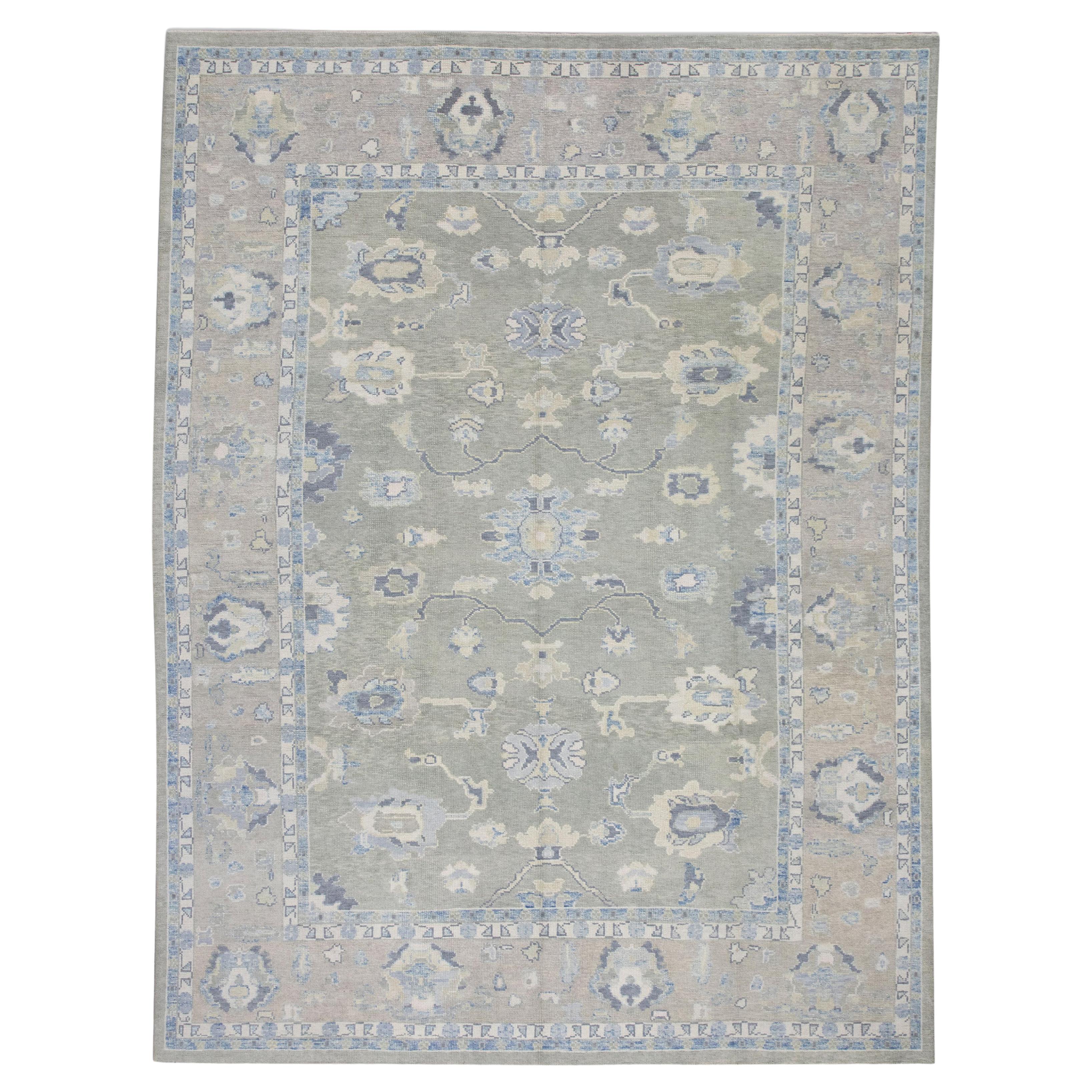 Gray and Blue Floral Design Handwoven Wool Turkish Oushak Rug 8'10" X ...