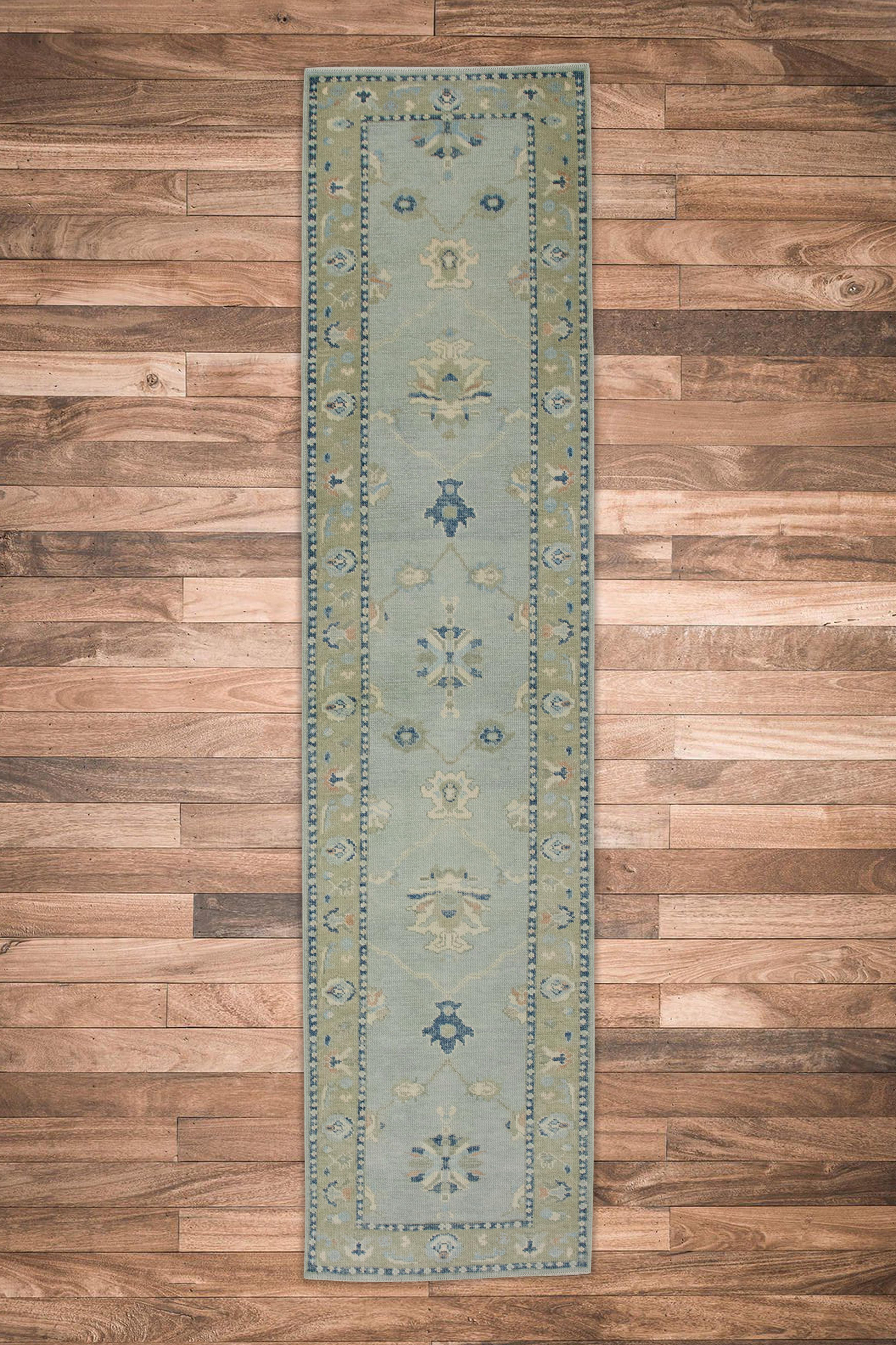 Blue and Green Floral Design Handwoven Wool Turkish Oushak Runner 2'11 ...