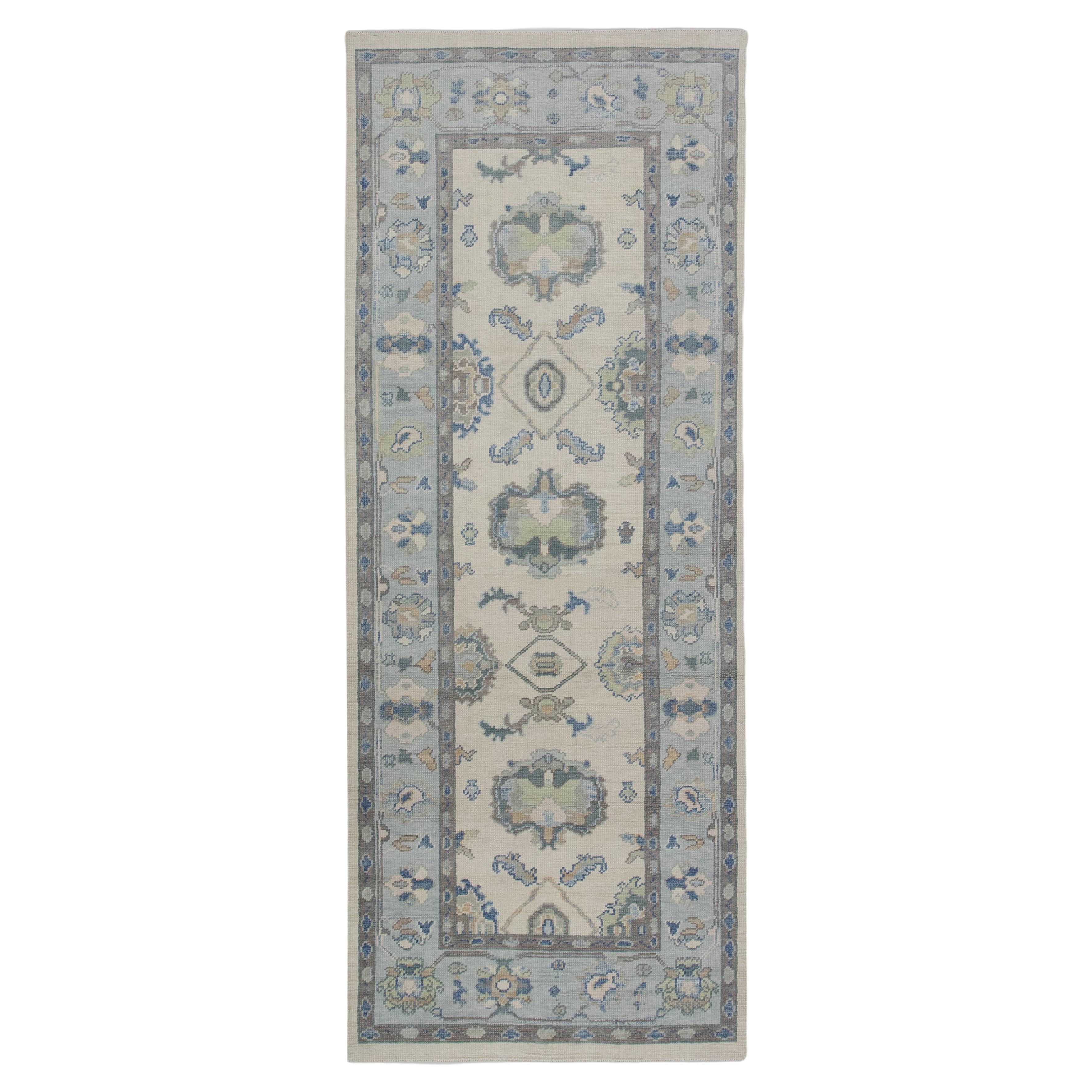 Green and Blue Handwoven Wool Turkish Oushak Runner 3'8" X 7'8" For ...