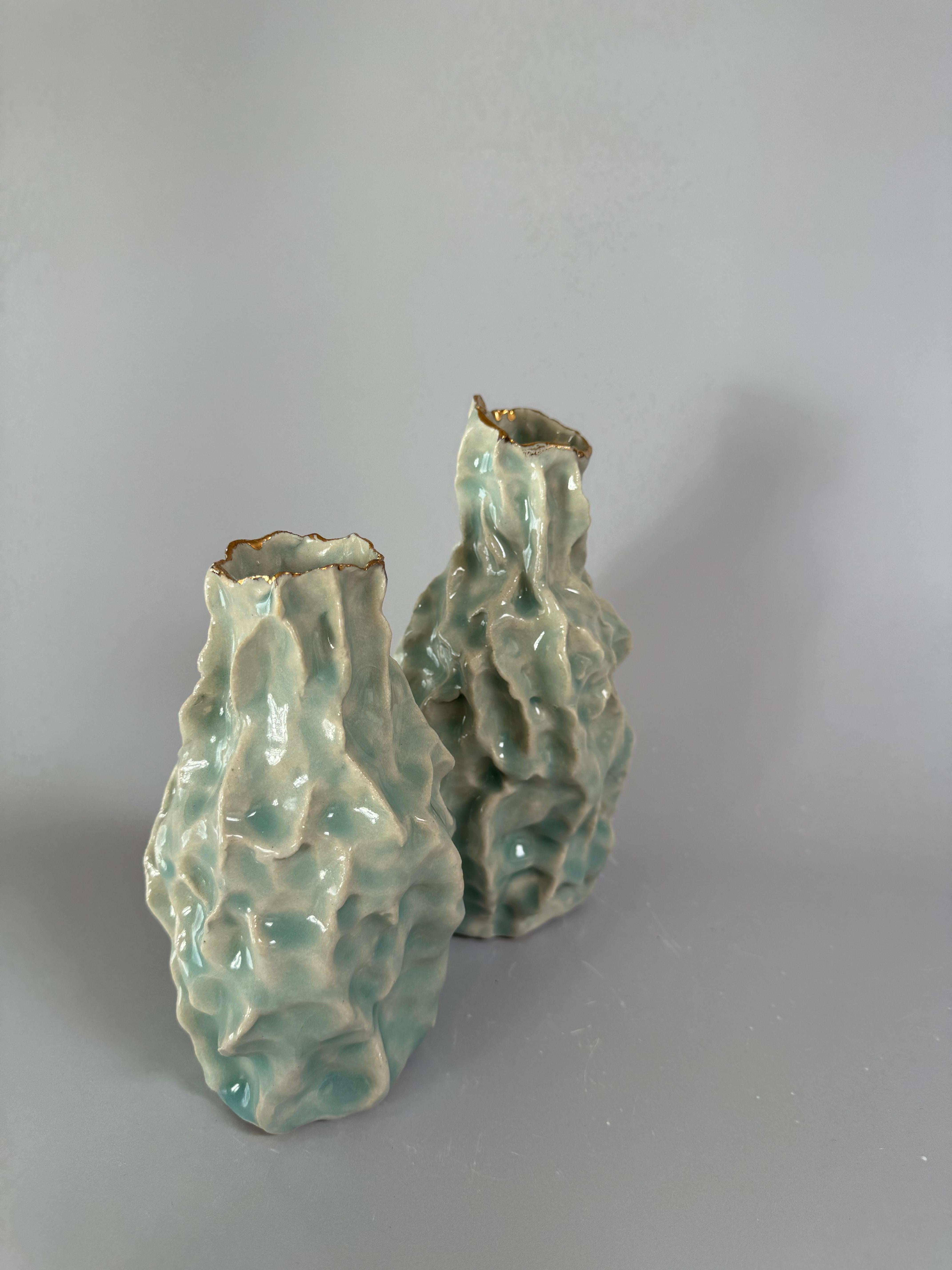 Blue-Green, Porcelain, Hand-Built set of 3 textured vases with gold ...