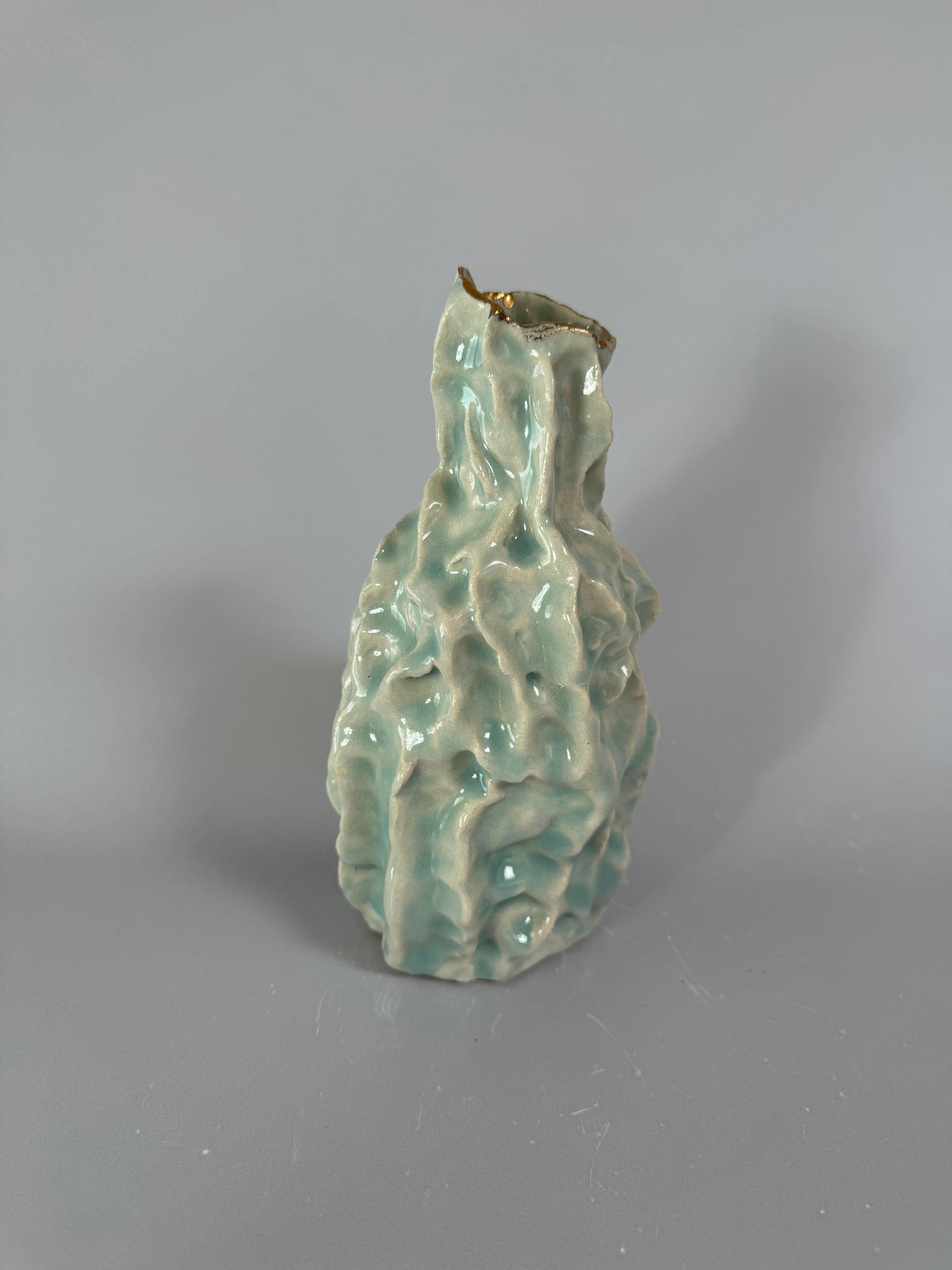 Blue-Green, Porcelain, Hand-Built set of 3 textured vases with gold ...