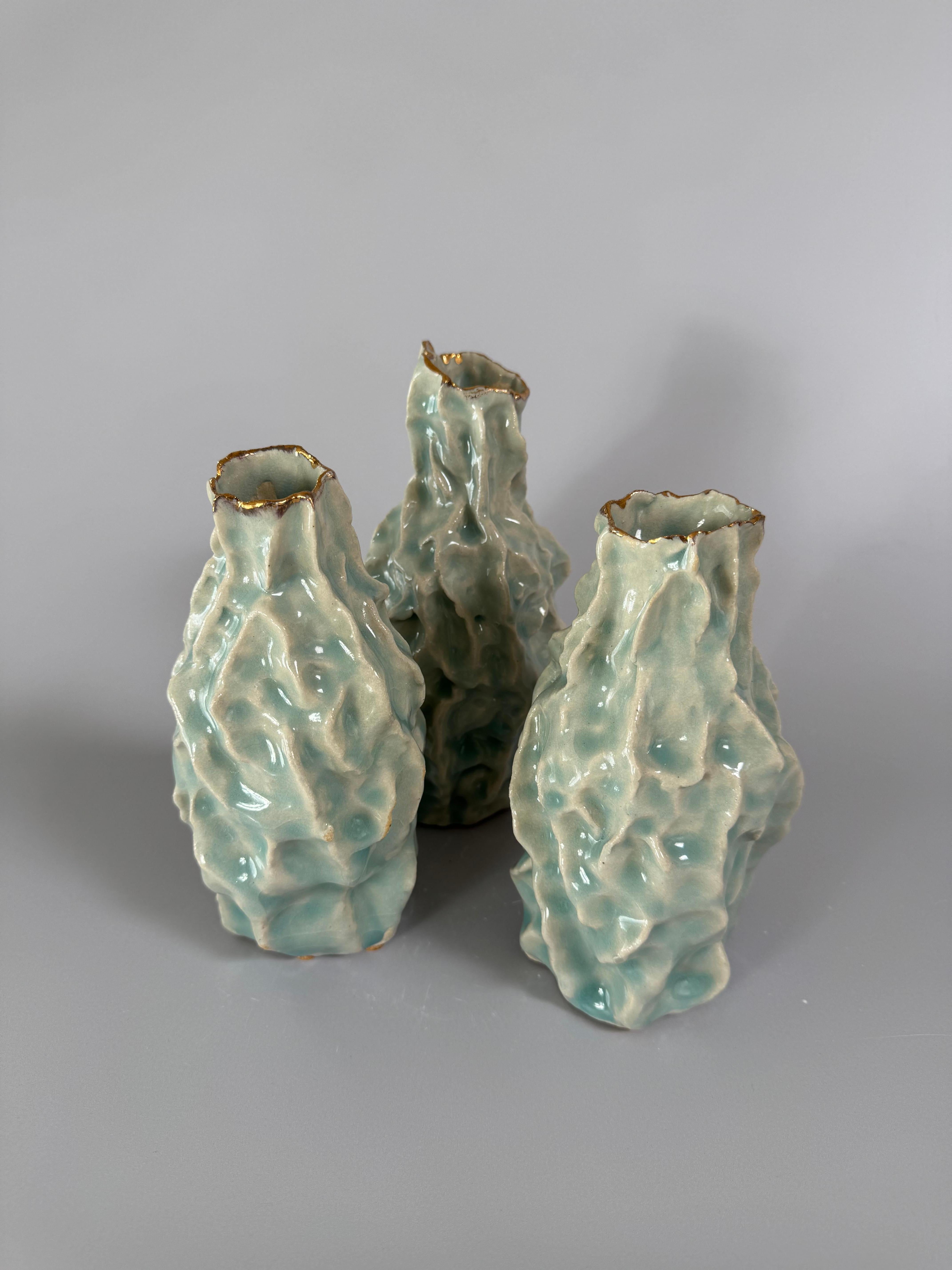 Blue-Green, Porcelain, Hand-Built set of 3 textured vases with gold ...