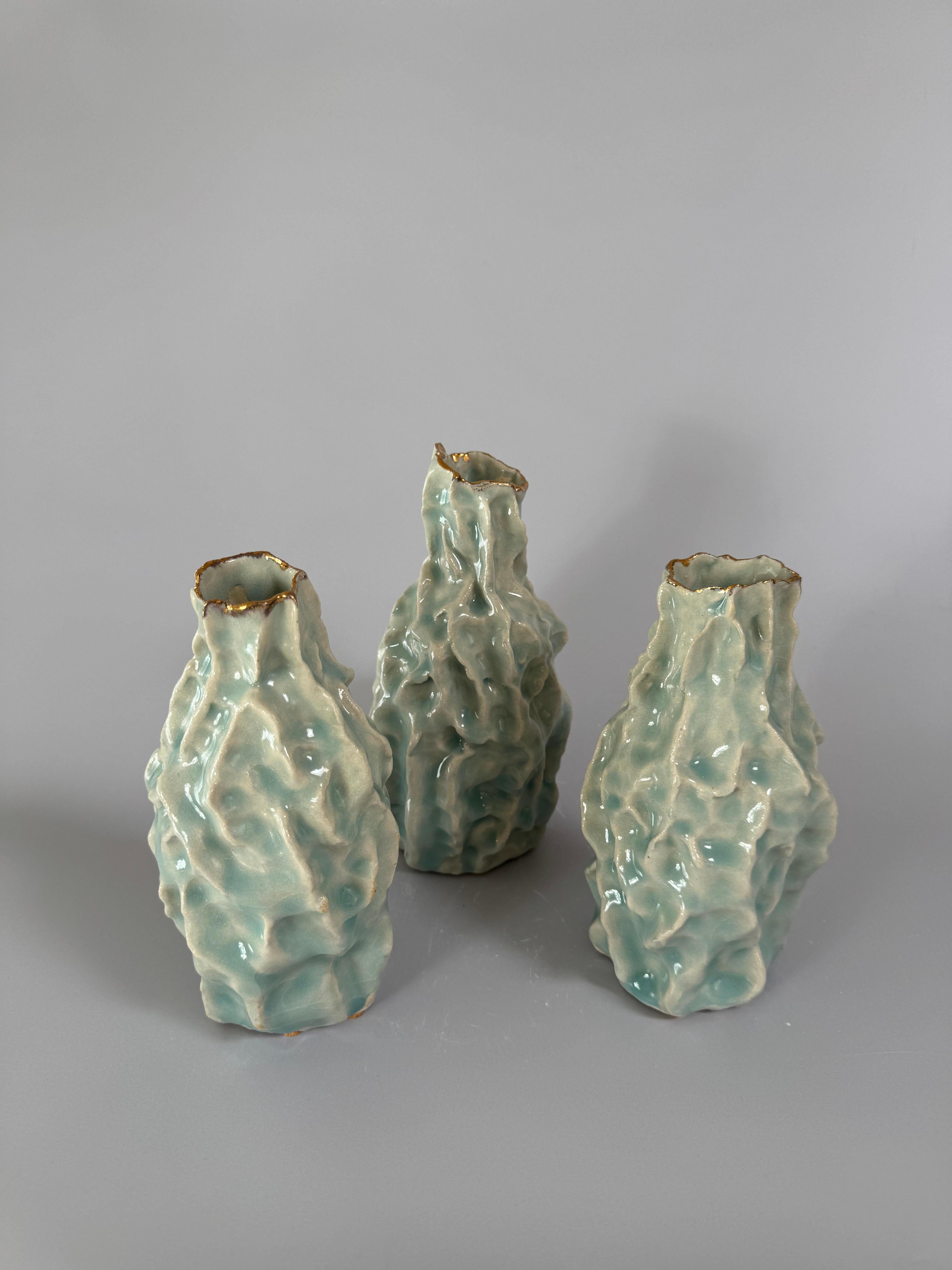 Blue-Green, Porcelain, Hand-Built set of 3 textured vases with gold ...