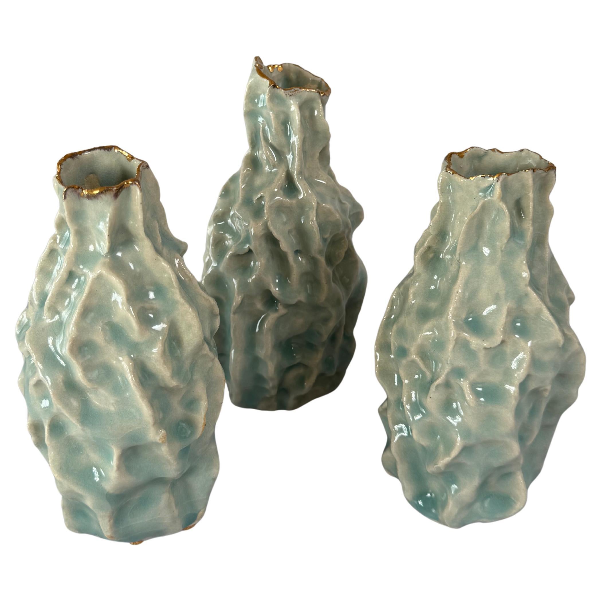 Blue-Green, Porcelain, Hand-Built set of 3 textured vases with gold ...