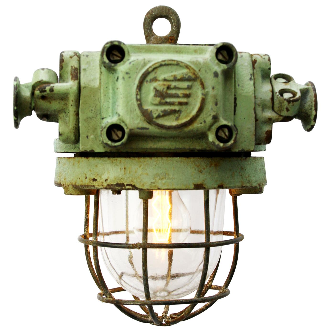 Blue Green Vintage Industrial Clear Glass Factory Pendant Light at 1stDibs