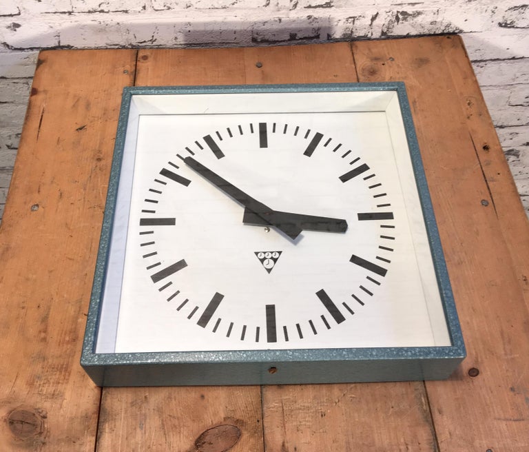 Blue-Grey Industrial Square Wall Clock from Pragotron, 1970s at 1stDibs