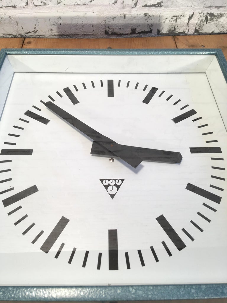 Blue-Grey Industrial Square Wall Clock from Pragotron, 1970s at 1stDibs