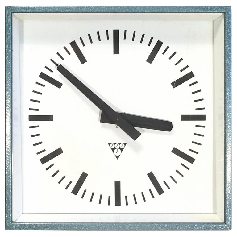 Blue-Grey Industrial Square Wall Clock from Pragotron, 1970s at 1stDibs