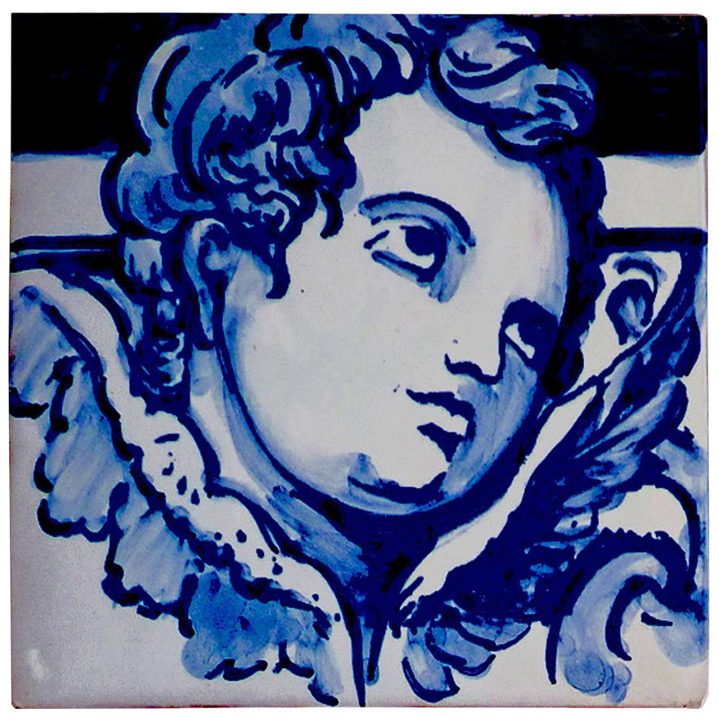 Blue Hand Painted Baroque Cherub or Angel Portuguese Ceramic Tile or ...