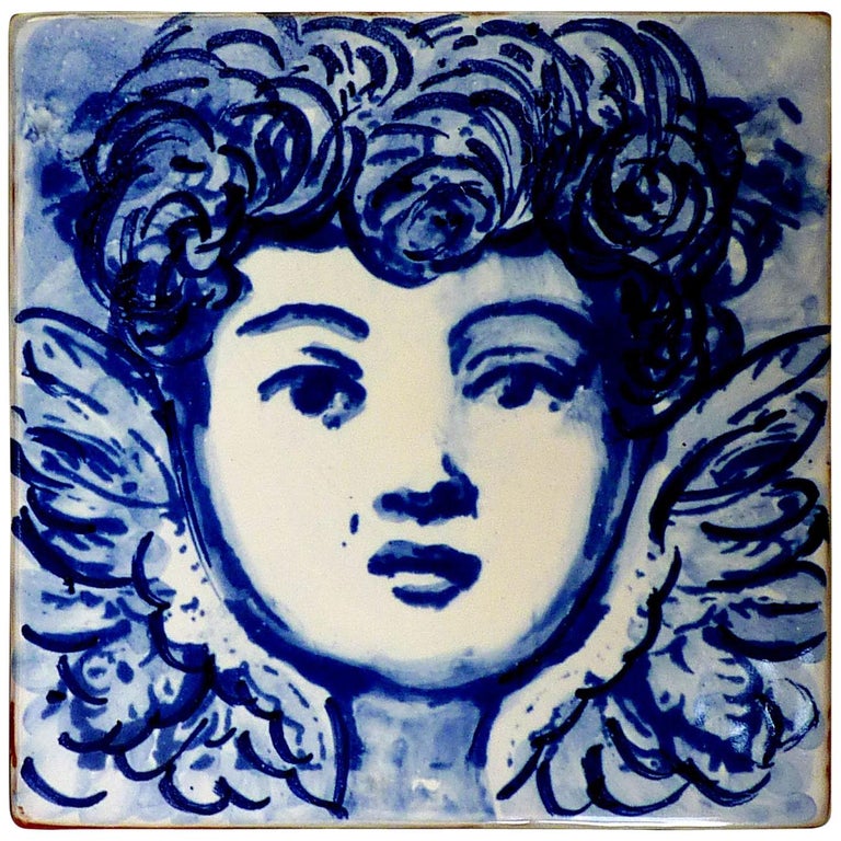 Blue Hand-Painted Baroque Cherub or Angel Portuguese Ceramic Tile or ...