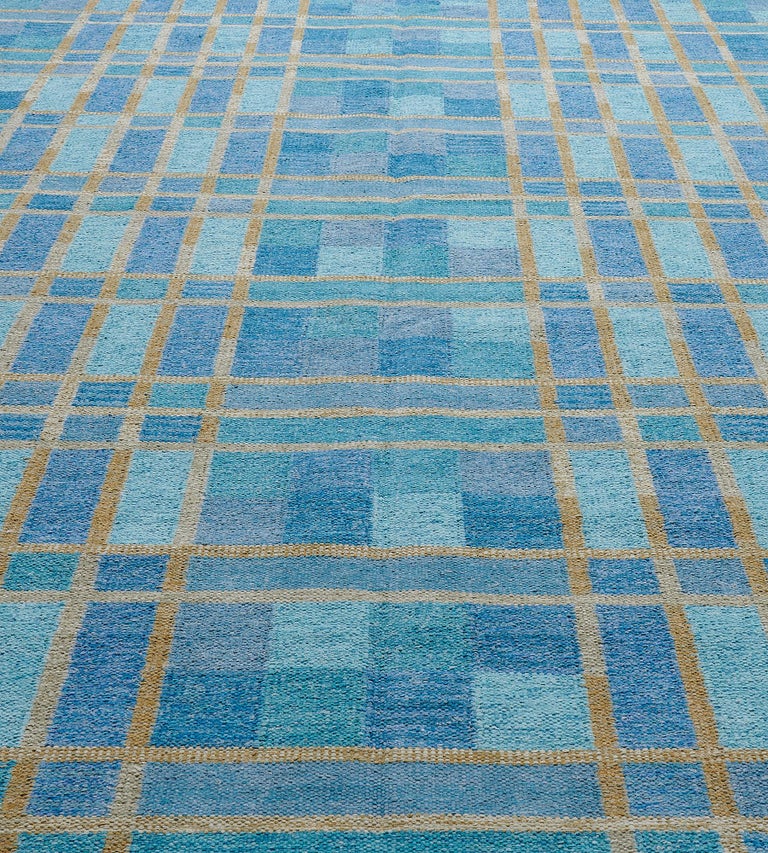 Blue Handwoven Swedish-Inspired Flatweave Wool Rug For Sale at 1stDibs