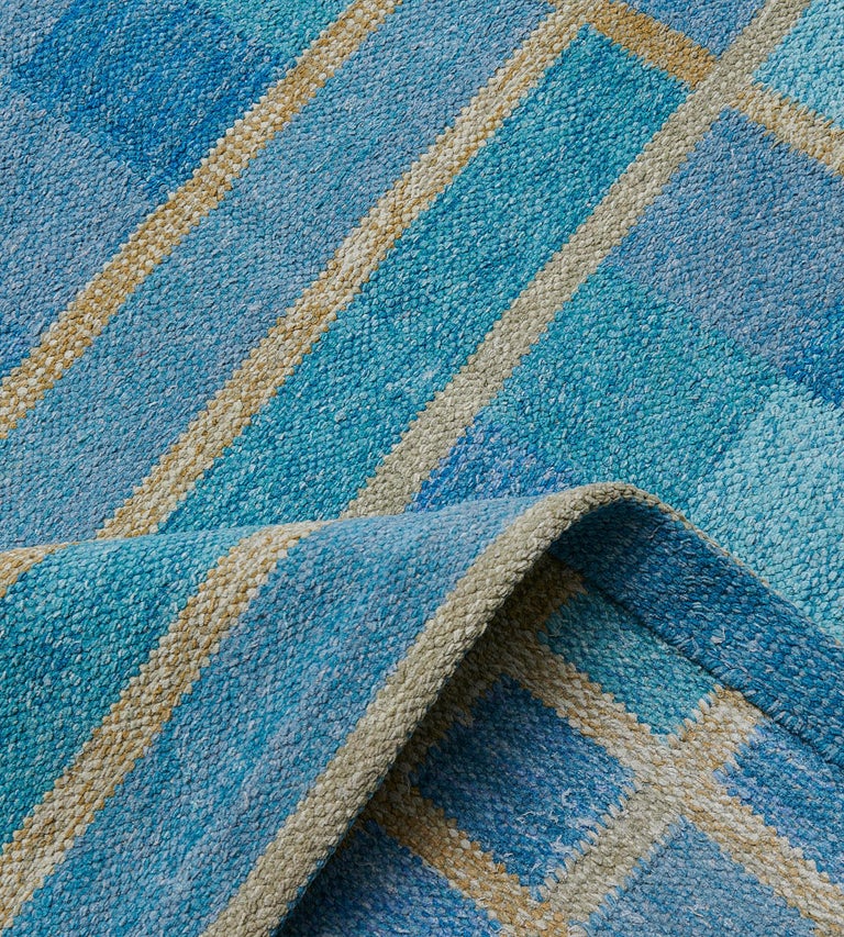 Blue Handwoven Swedish-Inspired Flatweave Wool Rug For Sale at 1stDibs
