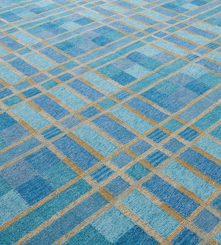 Blue Handwoven Swedish-Inspired Flatweave Wool Rug For Sale at 1stDibs
