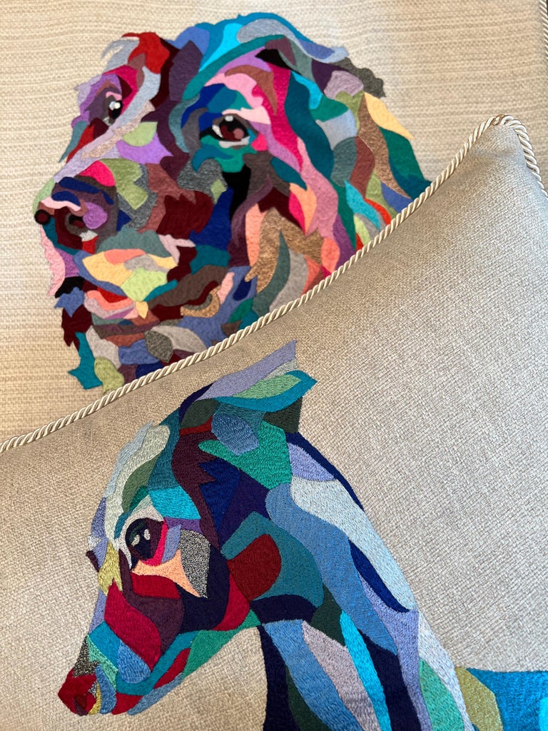 Blue Italian Greyhound Embroidered Accent Pillow For Sale at 1stDibs