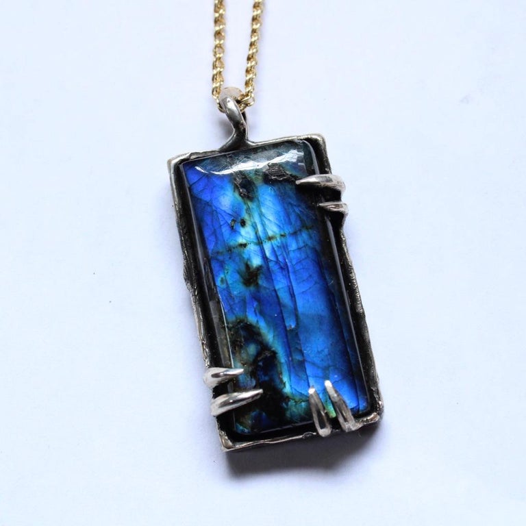 Blue Labradorite Pendant in Silver on a Gold Chain at 1stDibs