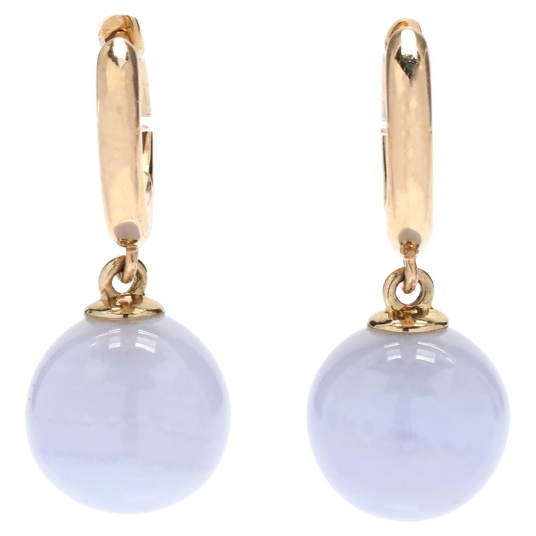 Blue Lace Agate Dangle Hoop Earrings, 14kt Yellow Gold For Sale at 1stDibs