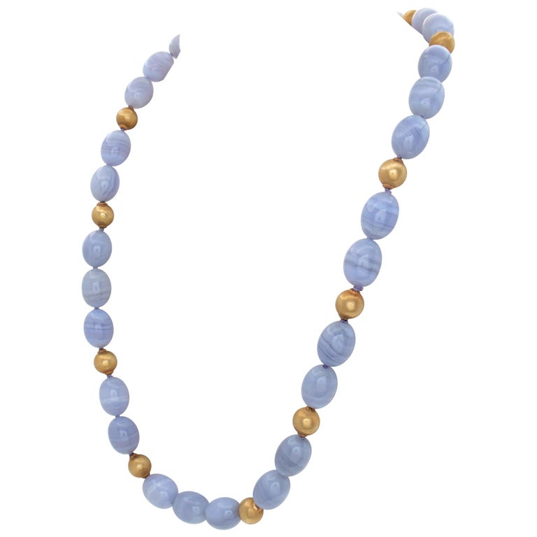 Blue lace chalcedony necklace with 18k gold beads For Sale at 1stDibs
