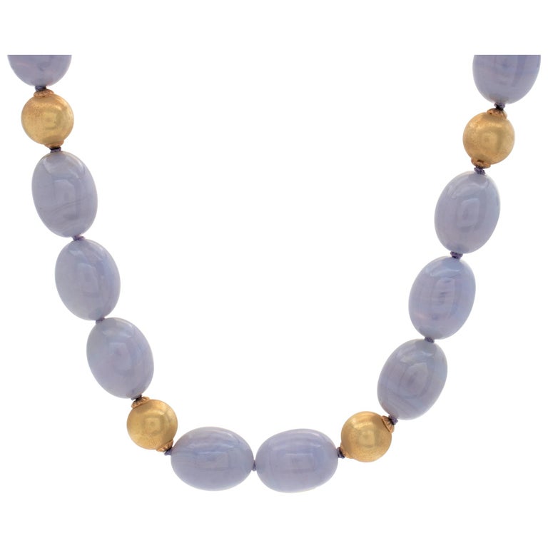 Blue lace chalcedony necklace with 18k gold beads For Sale at 1stDibs