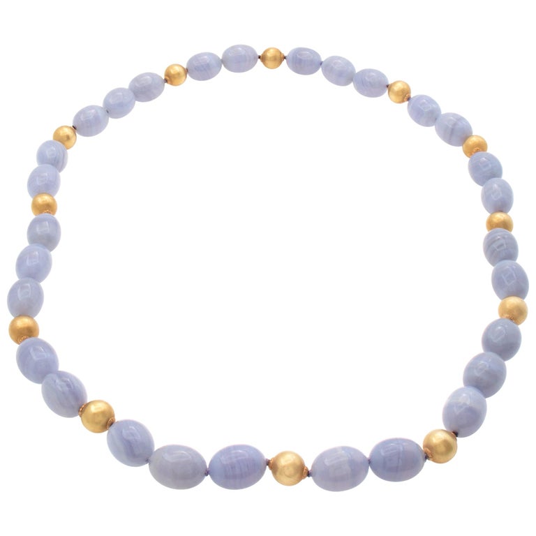 Blue lace chalcedony necklace with 18k gold beads For Sale at 1stDibs