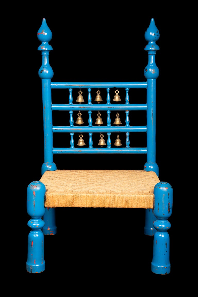 Blue Lacquer Painted Indian Chair with Bells For Sale at 1stDibs
