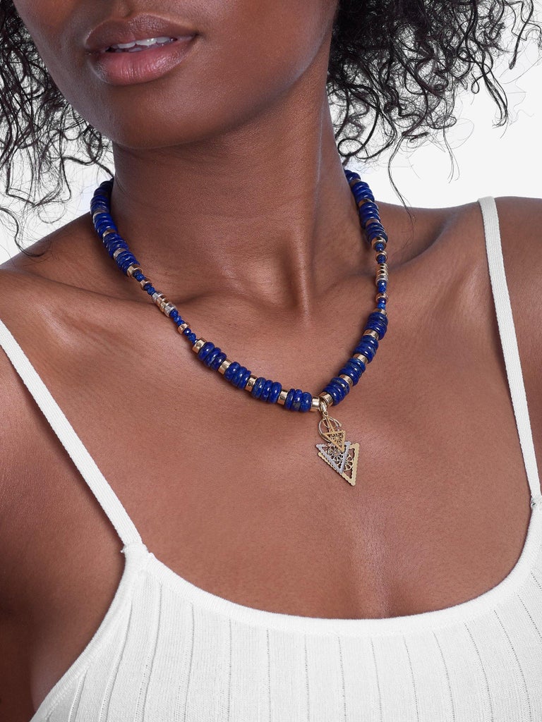 Blue Lapis Gold Silver Azrak Necklace For Sale at 1stDibs