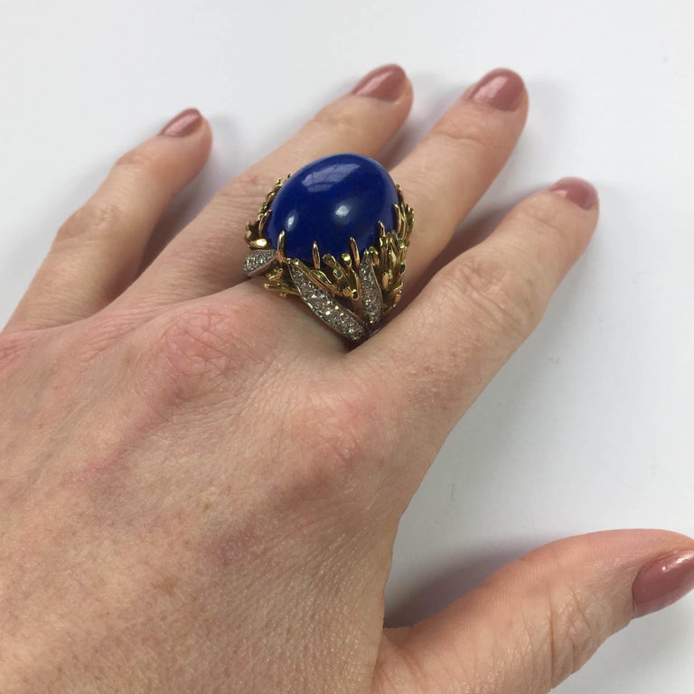 Blue Lapis Lazuli Diamond Platinum Gold Cabochon Cocktail Ring at ...