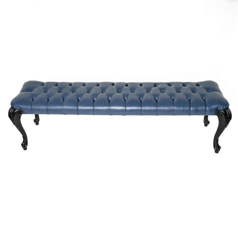 Blue Leather and Black Ebonized Wood Bench, Italy 1950s at 1stDibs