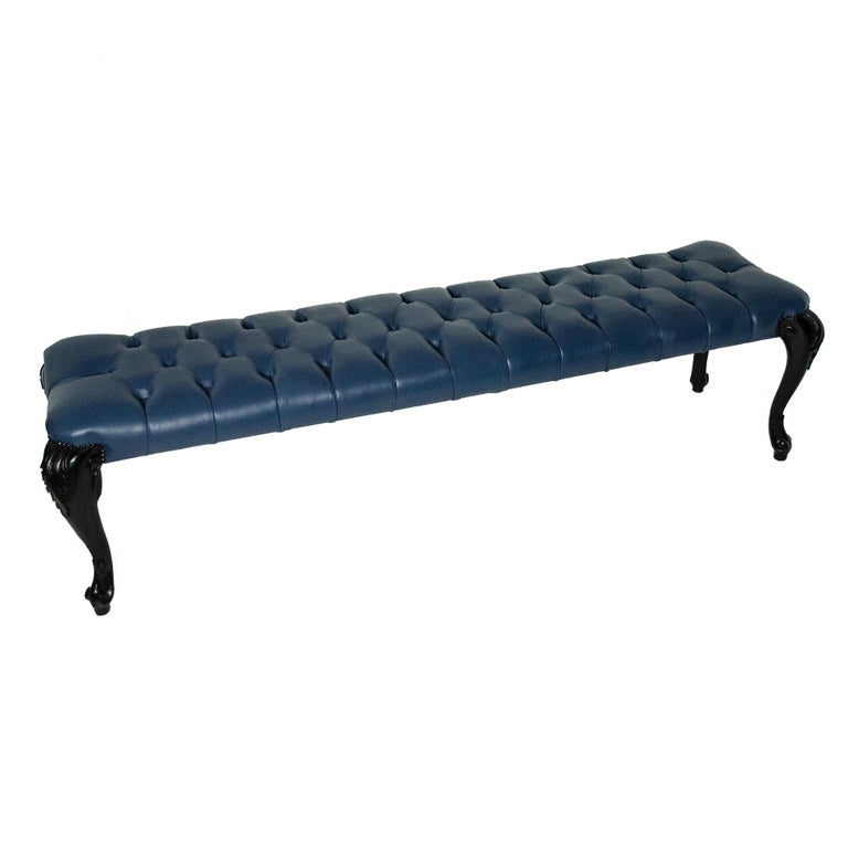 Blue Leather and Black Ebonized Wood Bench, Italy 1950s at 1stDibs