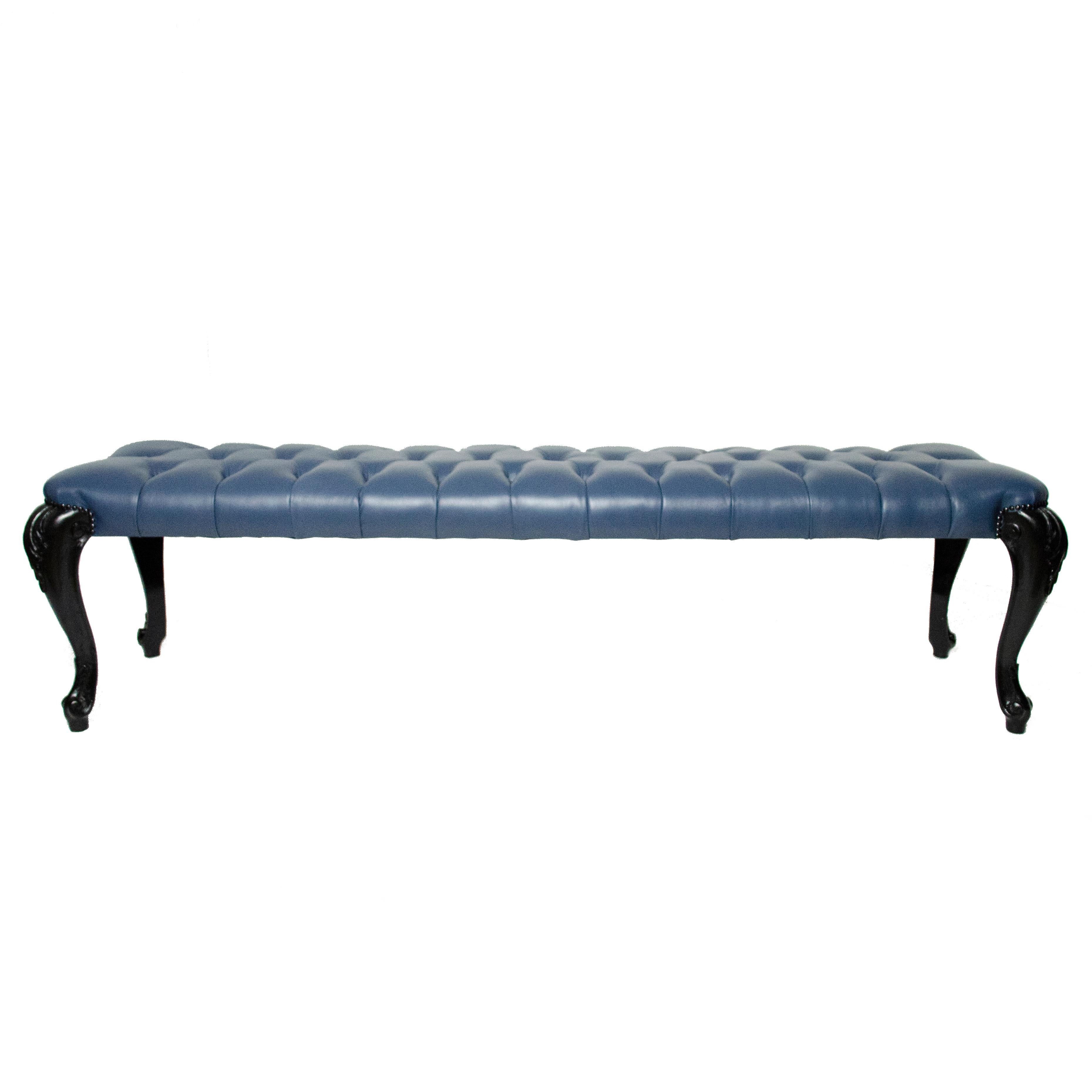 Blue Leather and Black Ebonized Wood Bench, Italy 1950s at 1stDibs