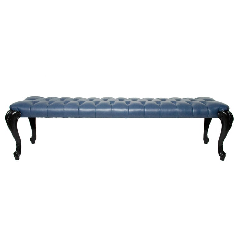 Blue Leather and Black Ebonized Wood Bench, Italy 1950s at 1stDibs