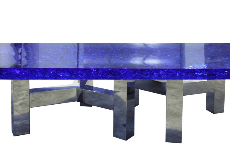 Blue Lucite and Murano Glass Table Nickel-Plated Brass Base ...