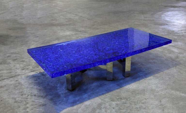 Blue Lucite and Murano Glass Table Nickel-Plated Brass Base ...
