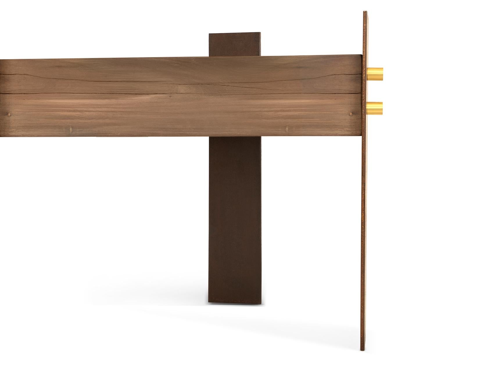 Blue Mahoe Wood Table with Brass Joints and Corten Steel Legs For Sale ...