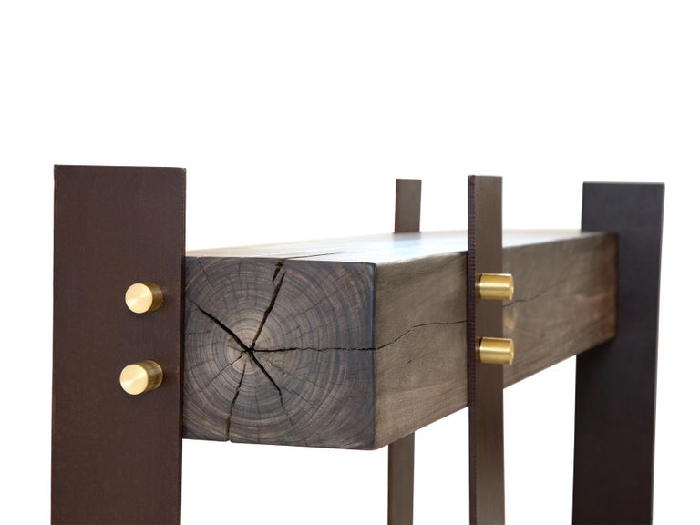 Blue Mahoe Wood Table with Brass Joints and Corten Steel Legs For Sale ...