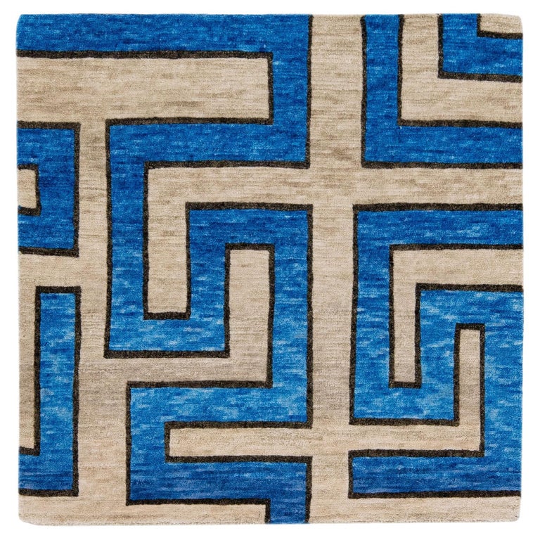 Blue Modern Handmade Geometric Custom Wool Rug For Sale at 1stDibs