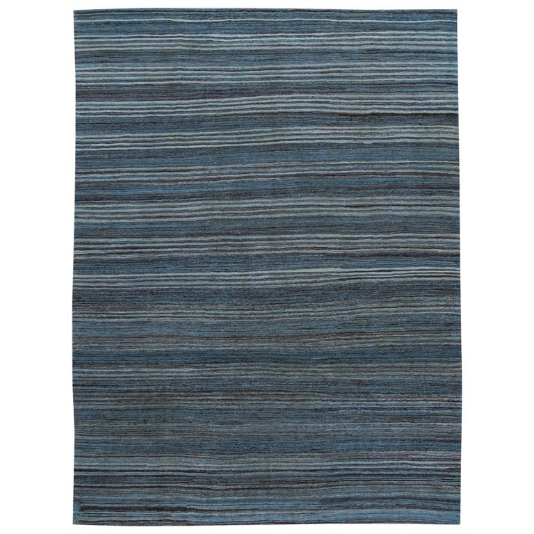 Blue Modern Sriped Flat-Weave Handmade Wool Rug For Sale at 1stDibs