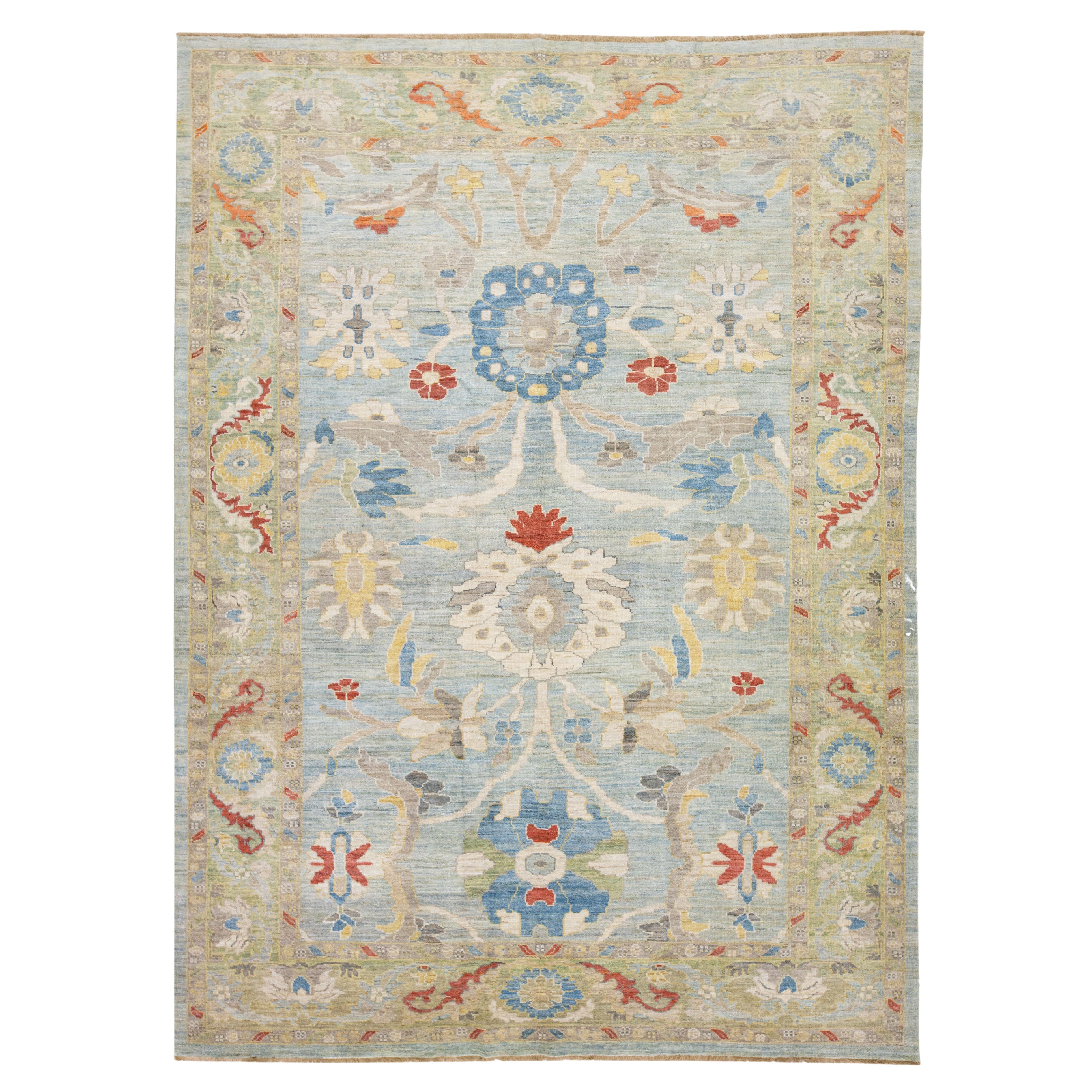 Handmade Modern Oushak Style Blue and Green Wool Rug with Floral Motif ...