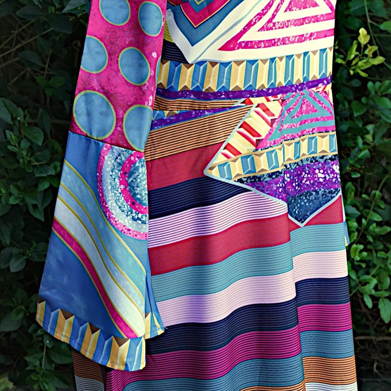 Blue Multi Coloured Patterned Dress with Bell Sleeves circa 1970s For ...