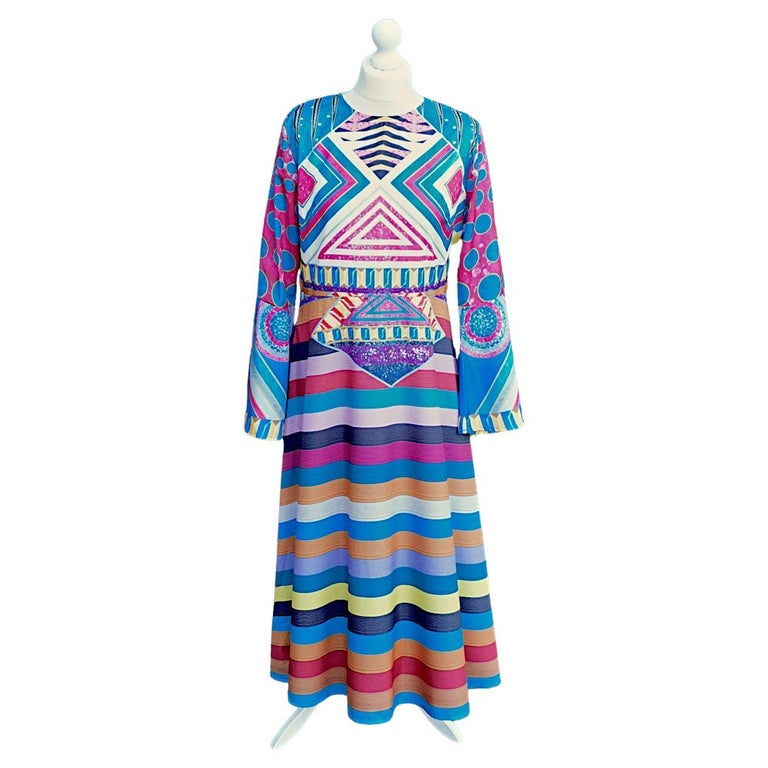 Blue Multi Coloured Patterned Dress with Bell Sleeves circa 1970s For ...