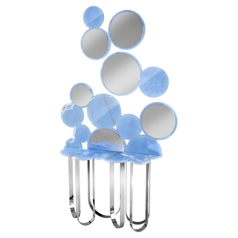 Blue Onyx Marble Console Table Wall Mirror, Steel Rings Base ...