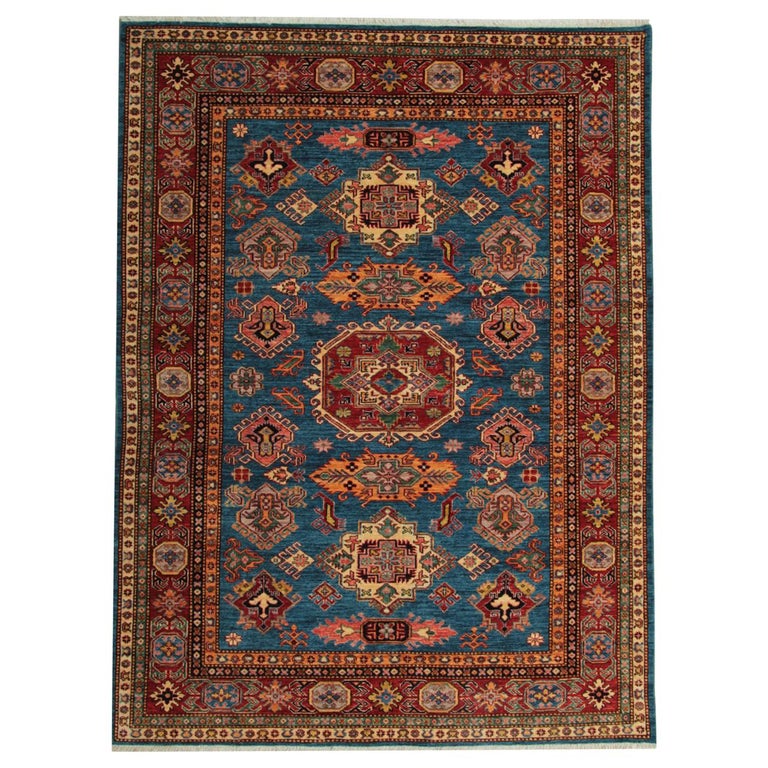 Blue Geometric Rug Oriental Carpet, Traditional Kazak Rustic Rug for ...