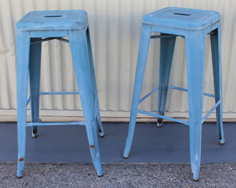 Blue Painted Metal Industrial Stools, Pair at 1stDibs