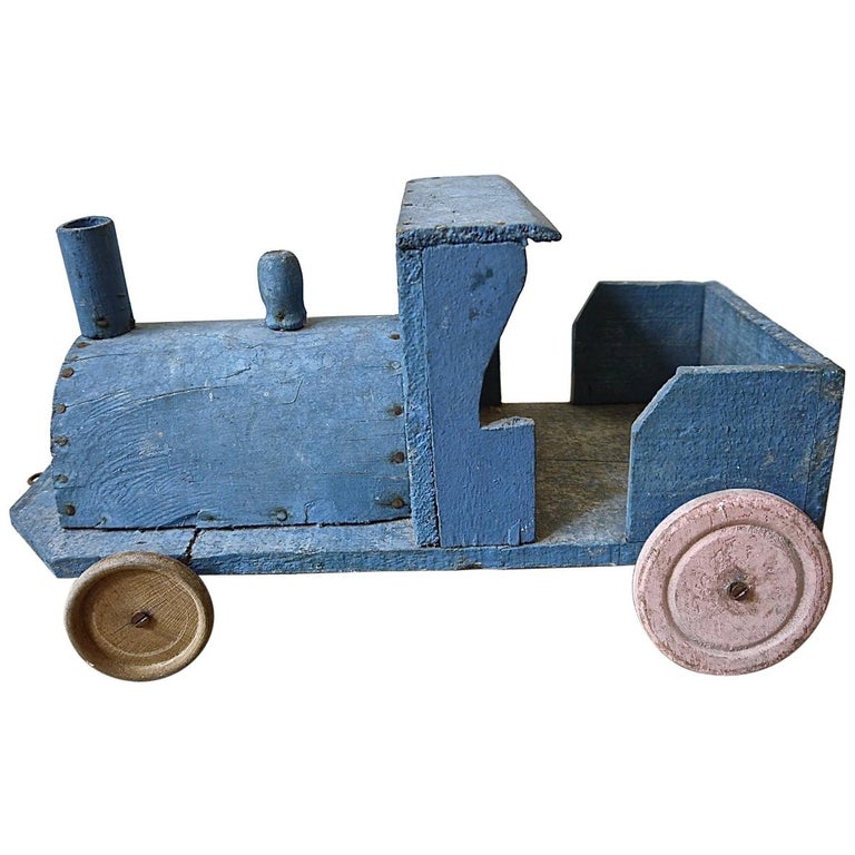Blue Painted Wooden Toy Engine, French, 1920s at 1stDibs