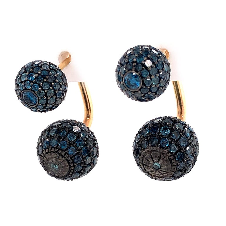 Blue Pave Diamond Balls Earring Made In 14k Gold For Sale at 1stDibs