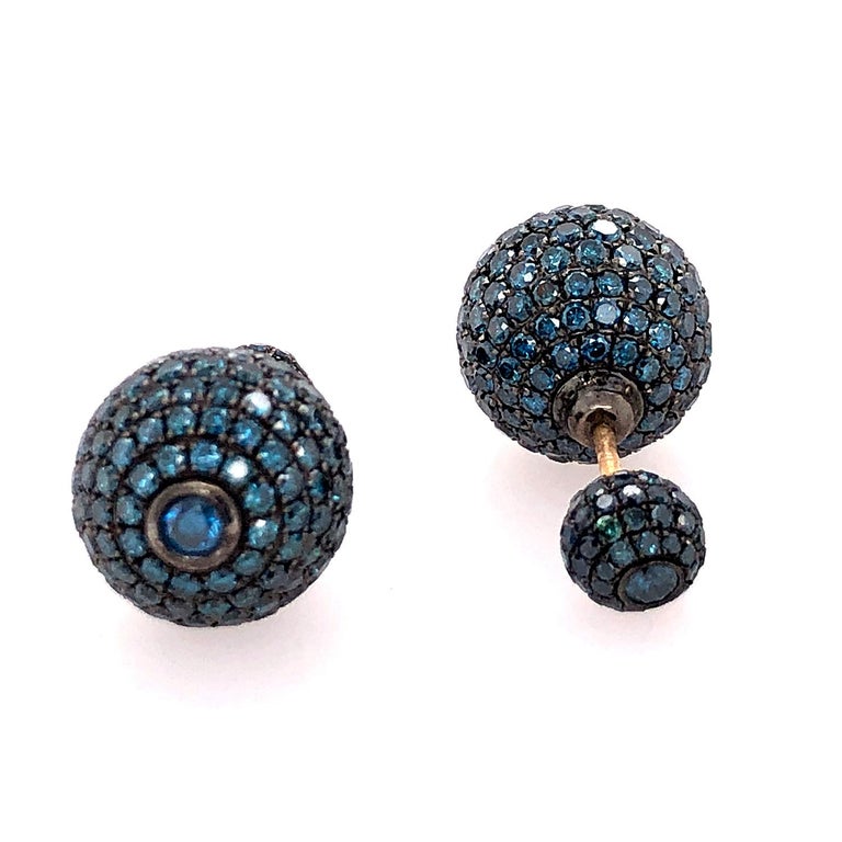 Blue Pave Diamond Tunnel Earrings Made in 14k Gold For Sale at 1stDibs