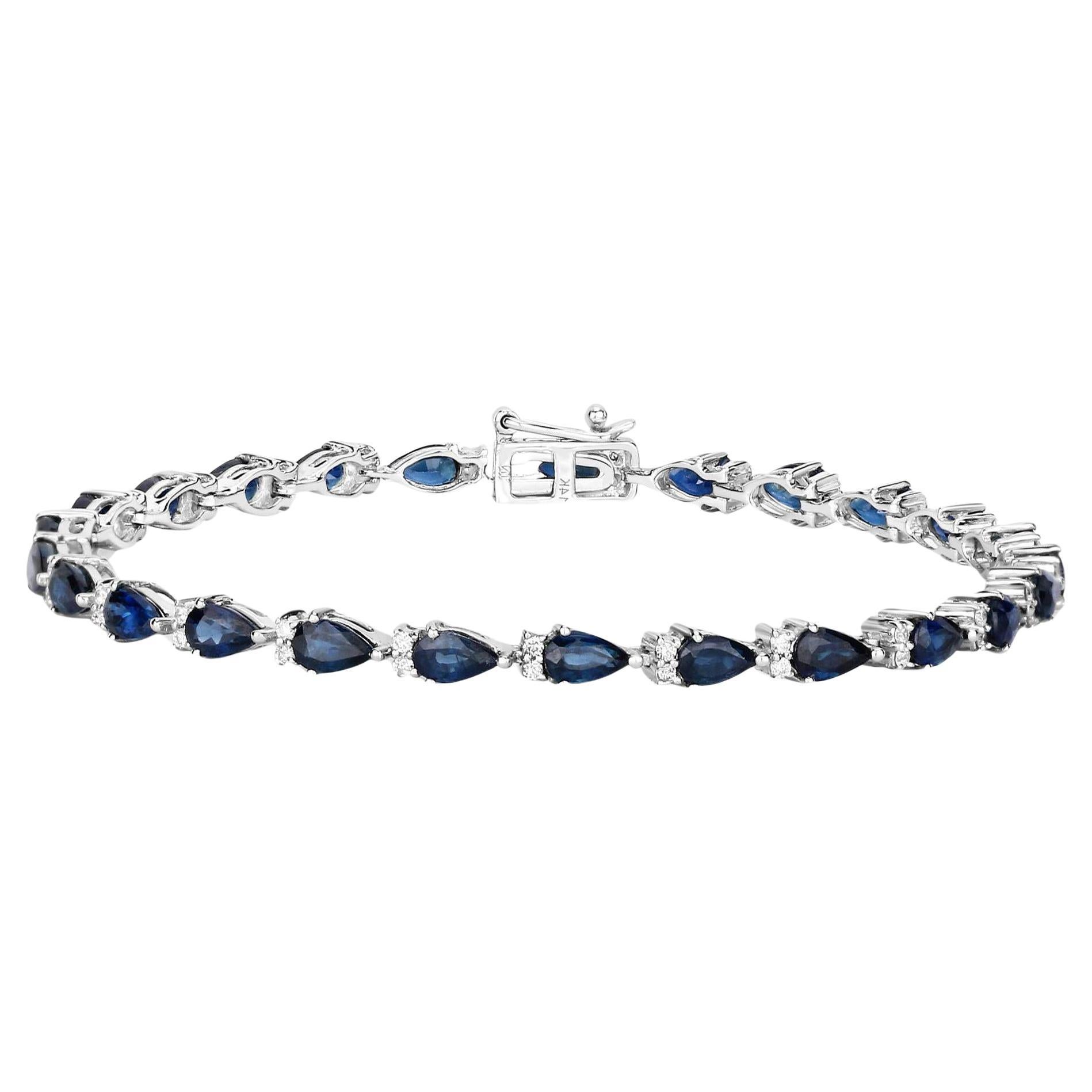 Blue Pear Cut Sapphire Tennis Bracelet Diamond Links 5.40 Carats 14K White Gold For Sale at 1stDibs