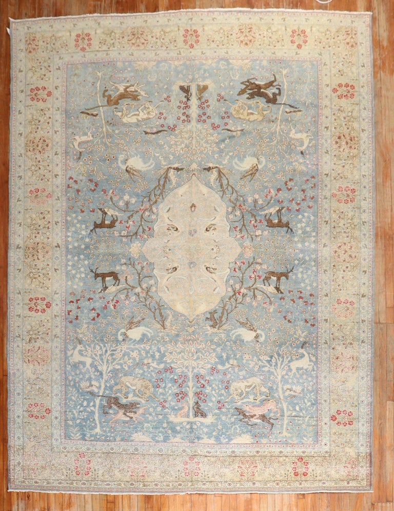 Blue Persian Tabriz Hunting Animal Pictorial Rug For Sale at 1stDibs