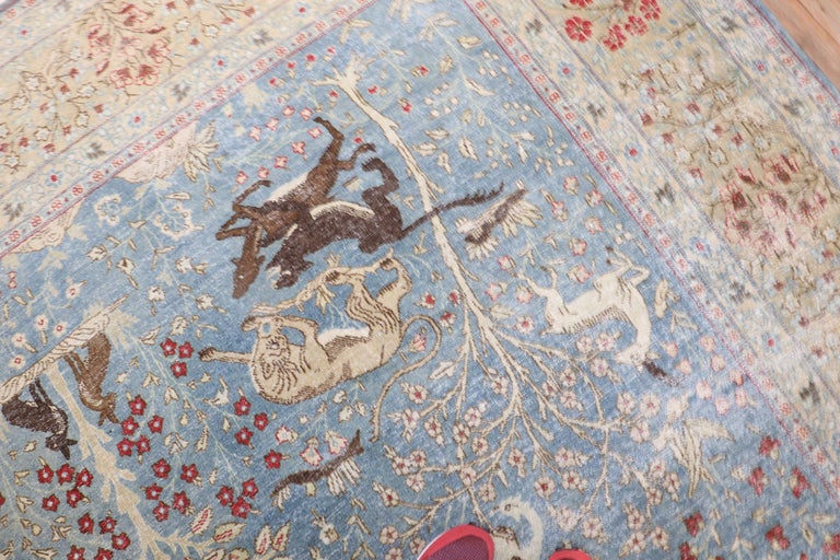 Blue Persian Tabriz Hunting Animal Pictorial Rug For Sale at 1stDibs